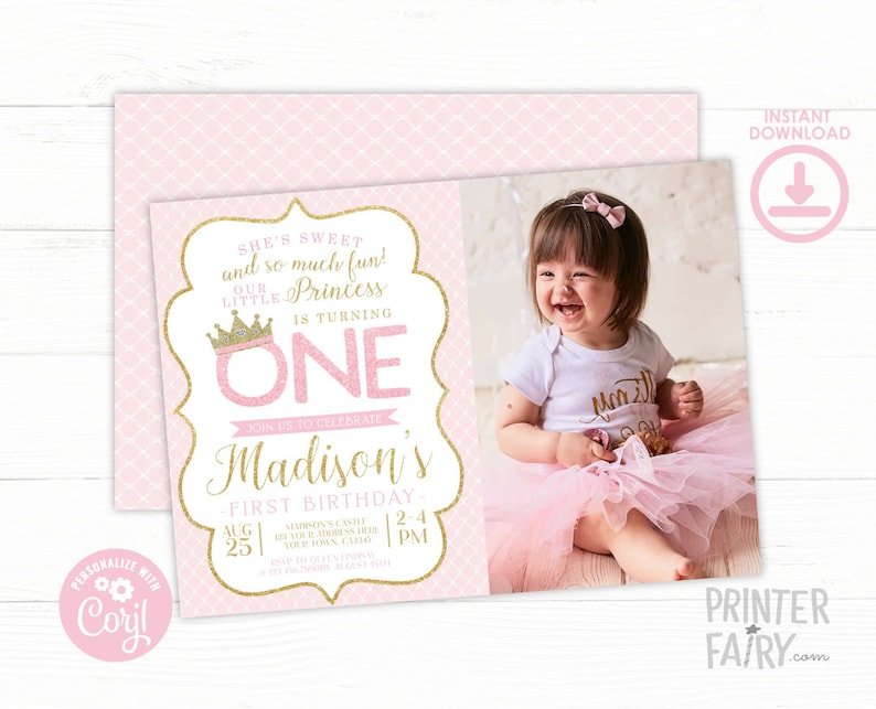 Princess 1st Birthday Invitation With Photo, Pink and Gold (digital ...