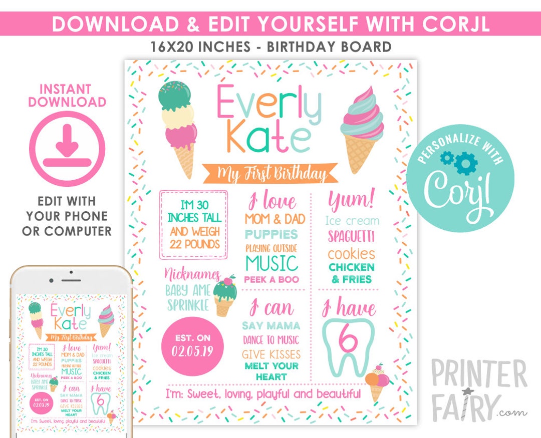 Ice Cream Birthday Board, EDITABLE, Ice Cream Birthday Sign, EDIT ...