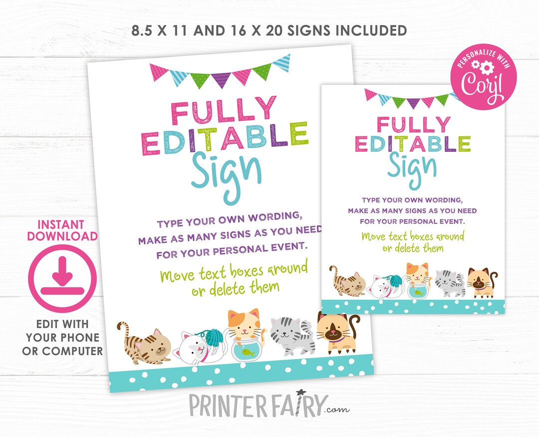 Kitty Cat EDITABLE Sign, Kitten Birthday, Cat Birthday, Pawty ...