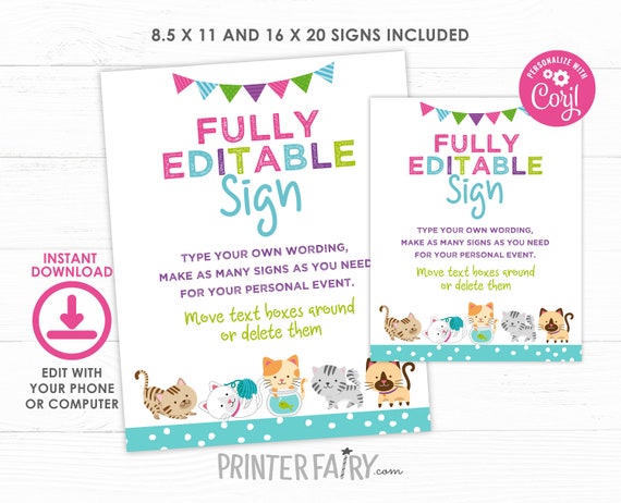 Kitty Cat EDITABLE Sign, Kitten Birthday, Cat Birthday, Pawty ...