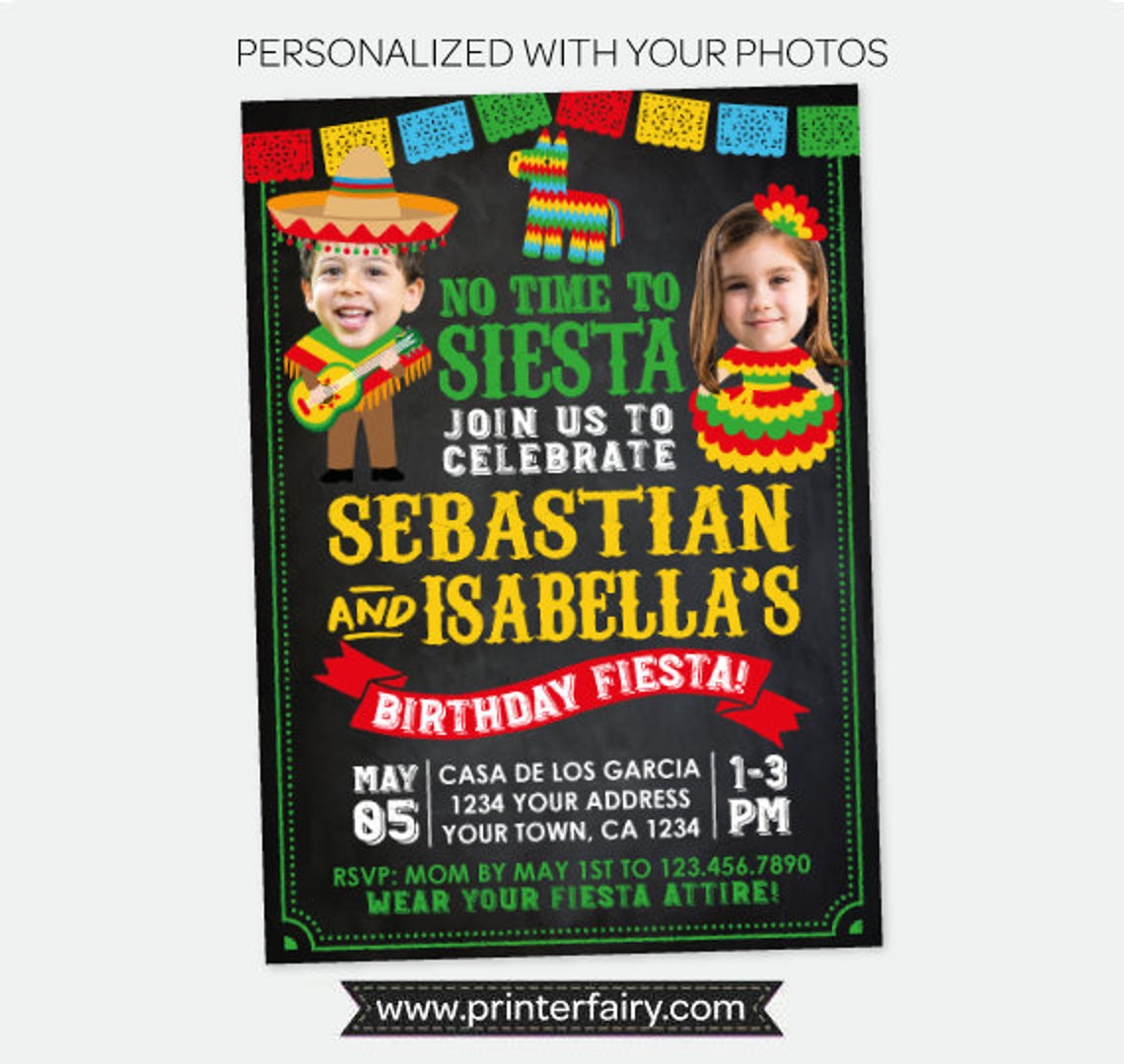 Fiesta Birthday Invitation With Photo, Sibling Joint Party (digital ...