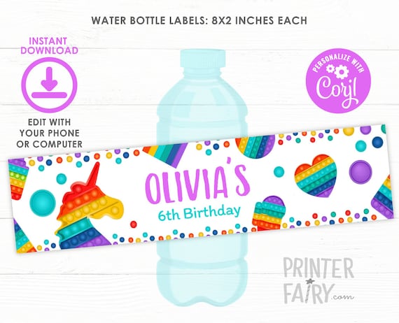 Pop it Water Bottle Labels, EDITABLE, Popit Party, Girl Birthday Party ...