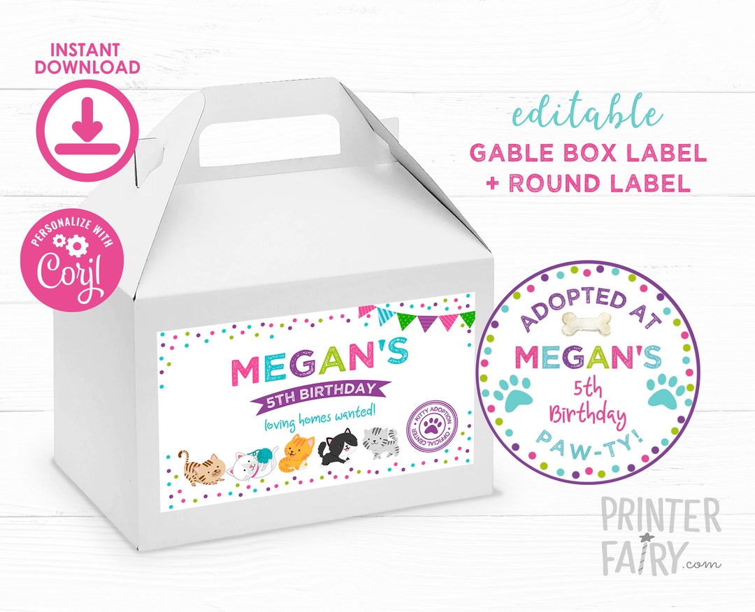 Kitty Cat Gable Box Labels, Kitty Cat Favor Tag, EDITABLE, Pet Adoption ...