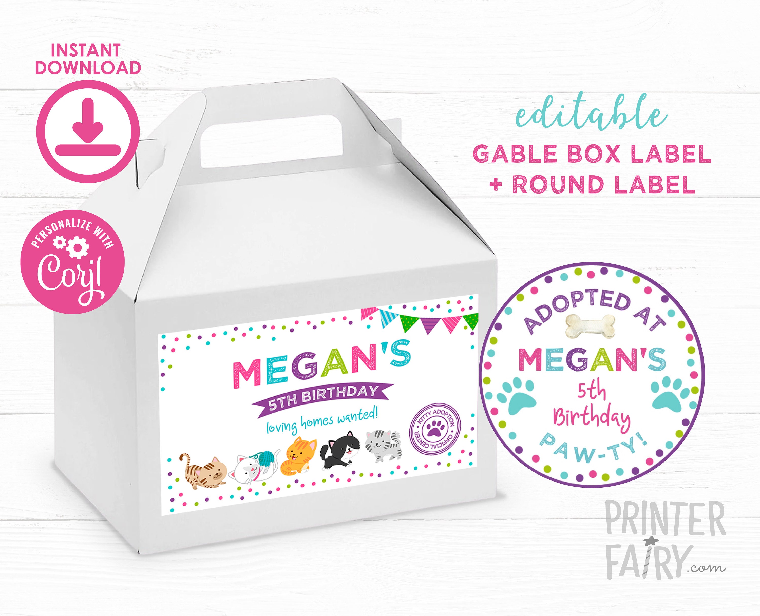 Kitty Cat Pet Adoption Party Gable Box Editable Template Labels and ...