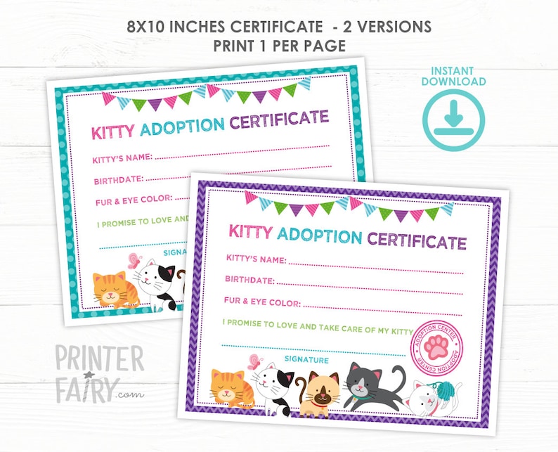 Kitty Cat Adoption Certificate, Kitten Birthday Party, Cat Adoption ...