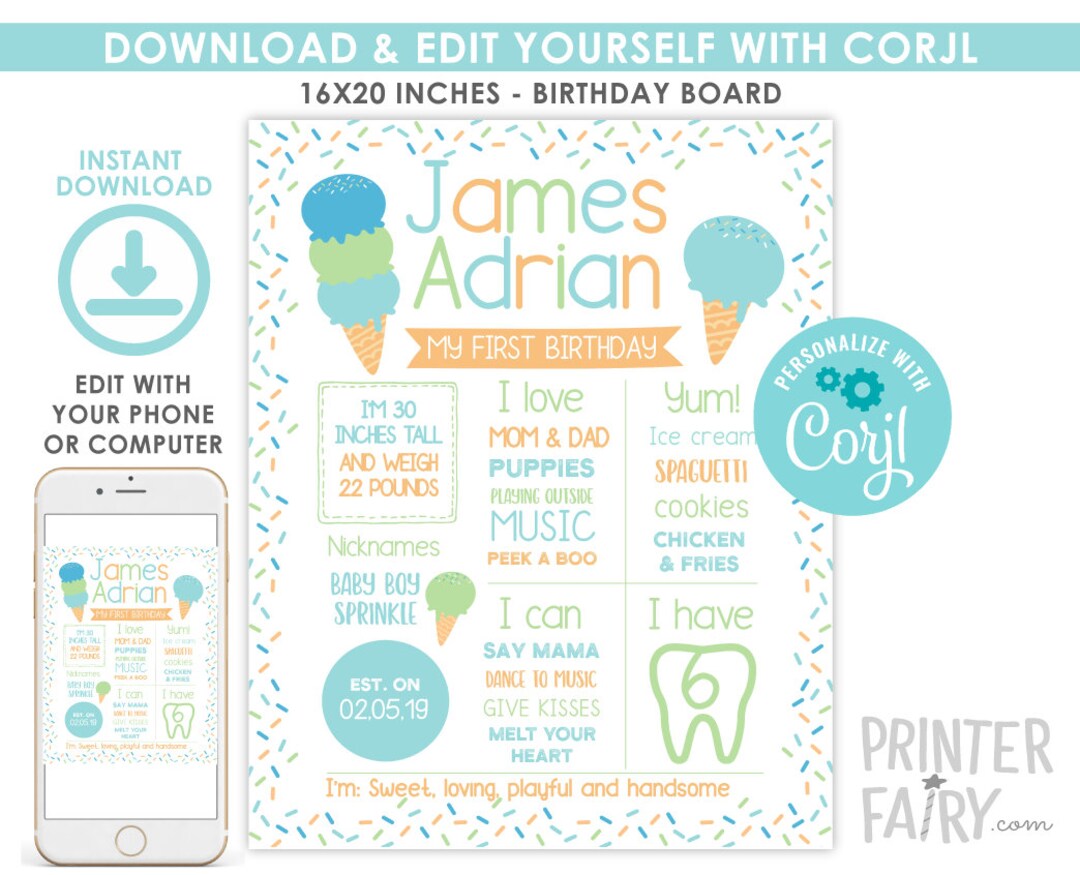 Ice Cream Birthday Board EDITABLE Ice Cream Birthday Sign - Etsy