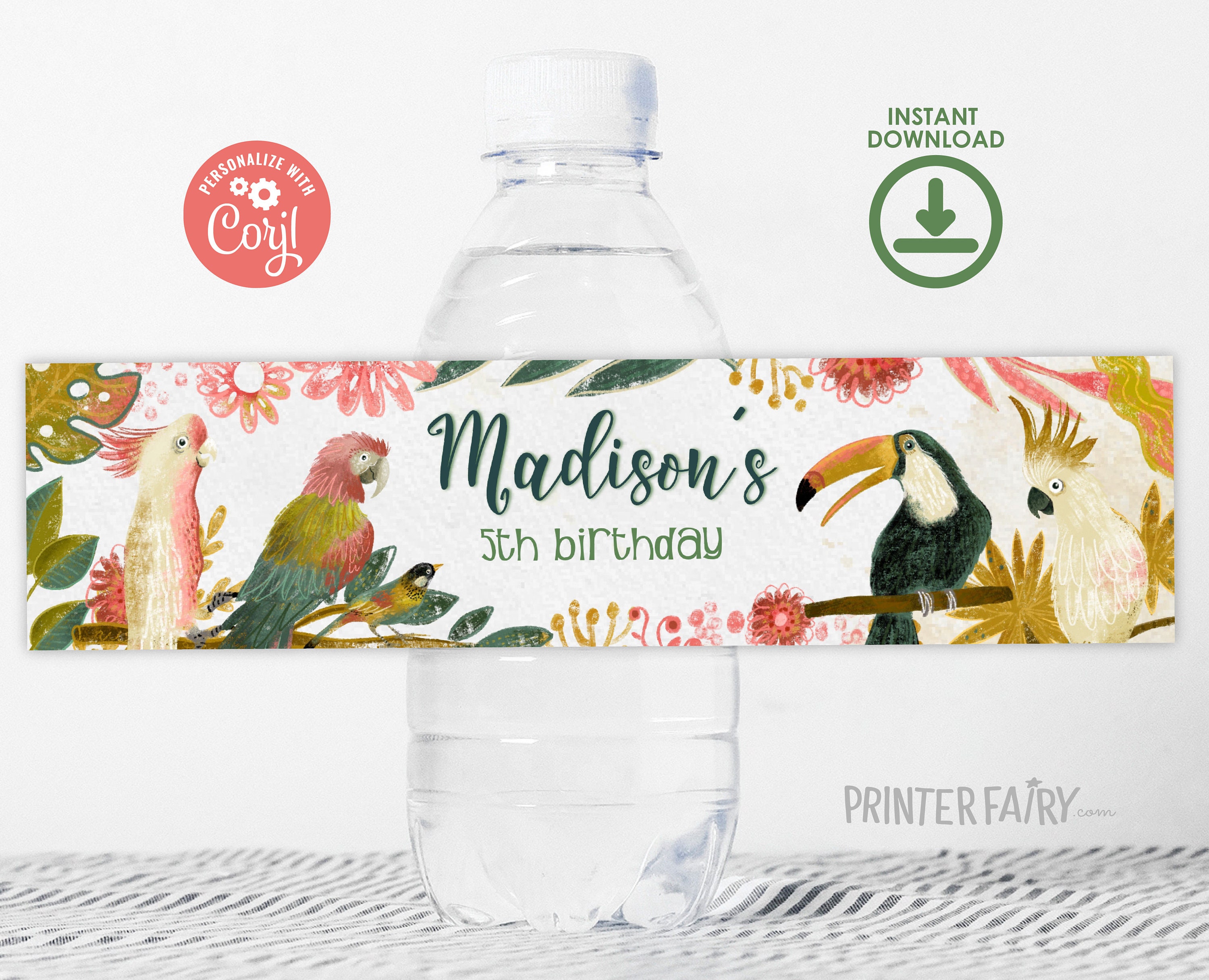 Tropical Birds Birthday Water Bottle Label, EDITABLE, Tropical Birthday ...