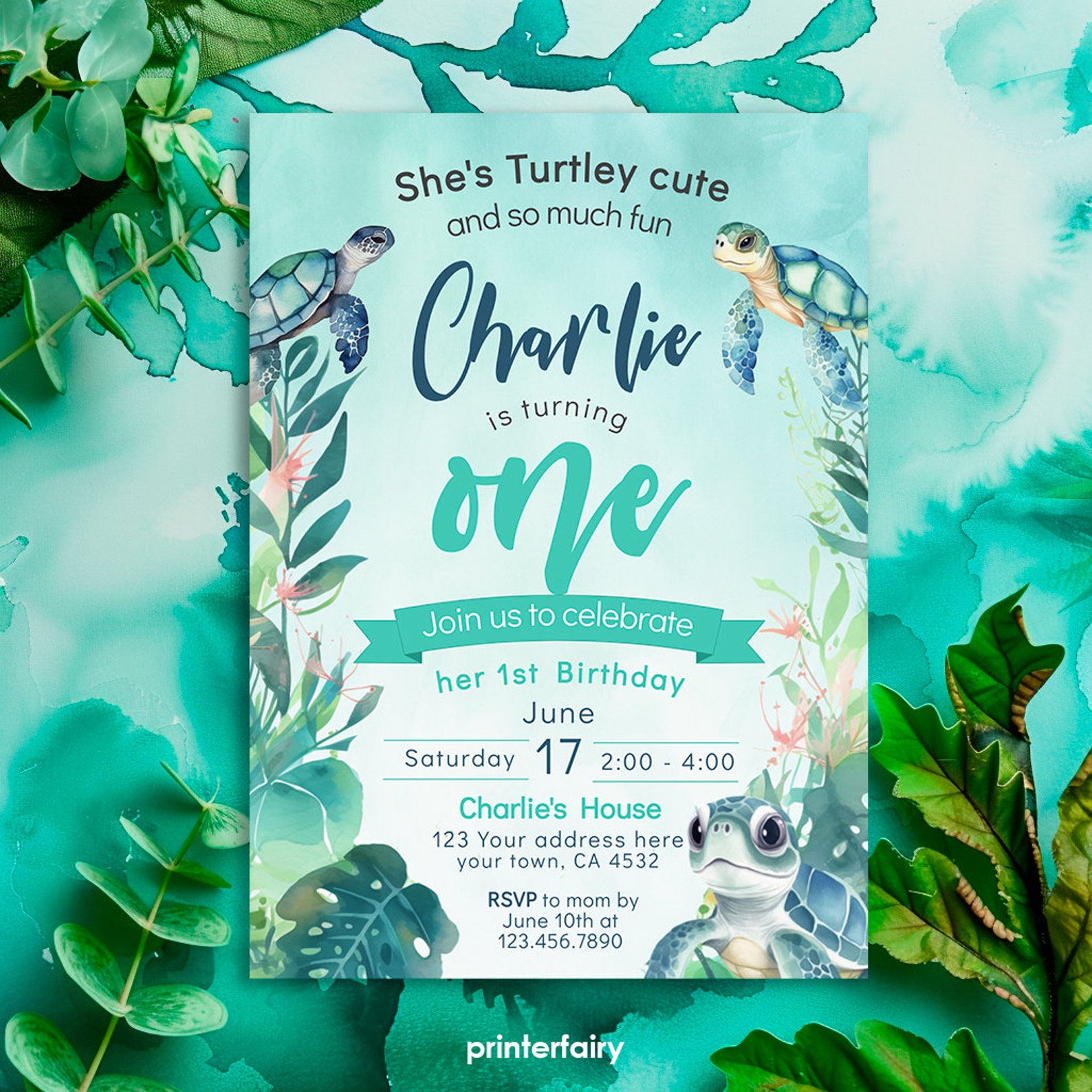 Sea Turtle 1st Birthday Invitation, Under the Sea Party (editable ...