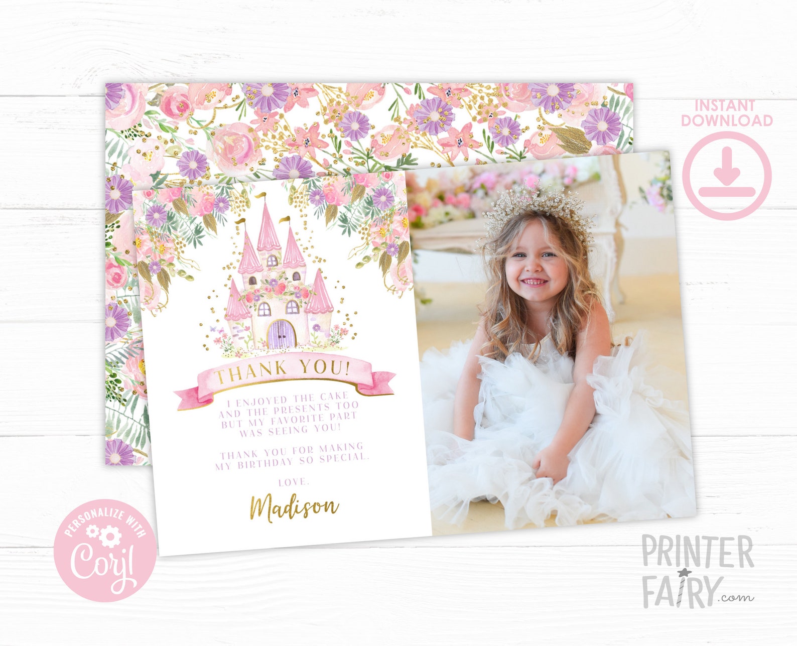 Princess Thank You Card With Photo EDITABLE Royal Birthday - Etsy