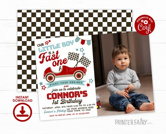 Race Car First Birthday Party Invitation with Photo, EDITABLE, Racing ...