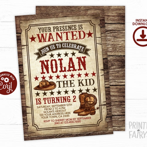 Editable Wanted Poster Invitation Cowboy Birthday Invitation - Etsy