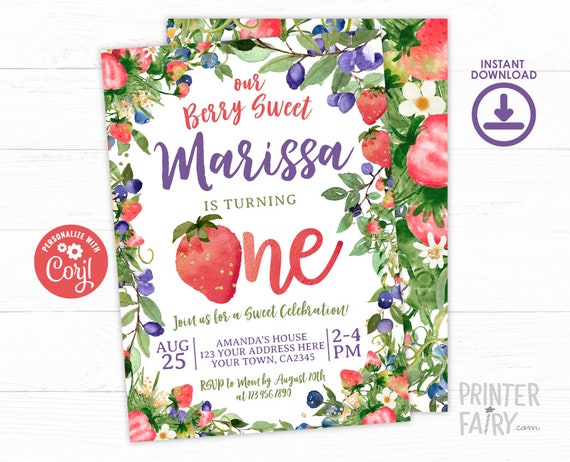 Berry First Birthday Invitation, EDITABLE, Sweet One, Berry Sweet ...