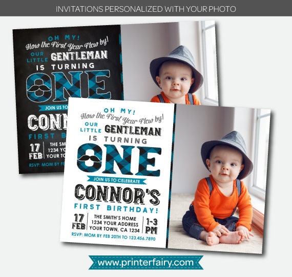 Little Man First Birthday Invitation with Photo, Little Gentleman 1st ...
