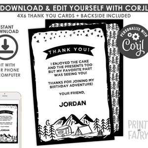 Camping Thank You Cards, EDITABLE, Summer Camp Party, Happy Camper ...