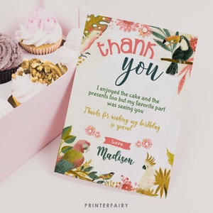 Tropical Birds Birthday Thank You Card, EDITABLE Tropical Birthday ...