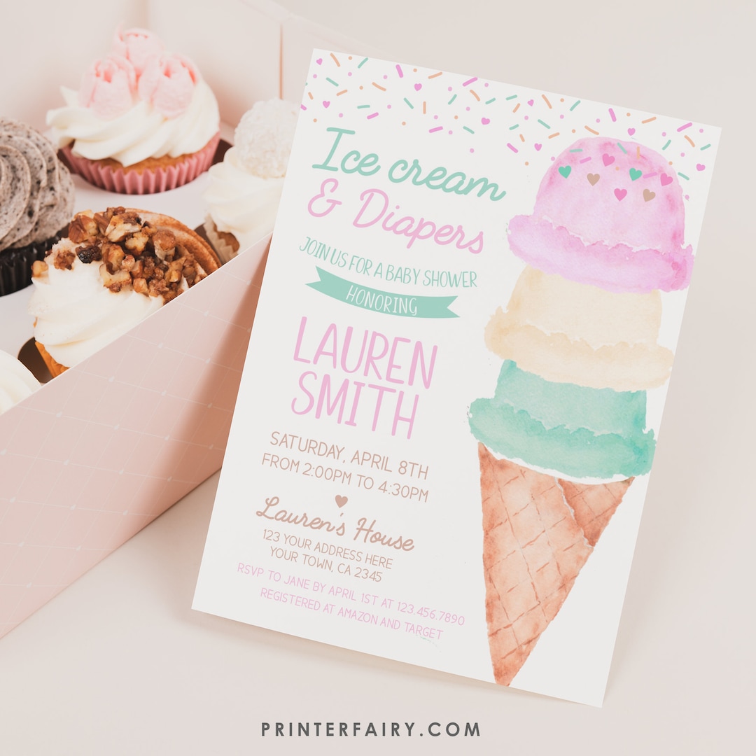 Ice Cream Baby Shower Invitation, Ice Cream and Diapers, Ice Cream Cone ...
