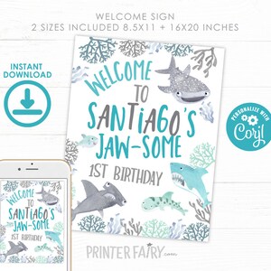 Shark Welcome Sign, EDITABLE, Under the Sea Sign, Fintastic Birthday ...