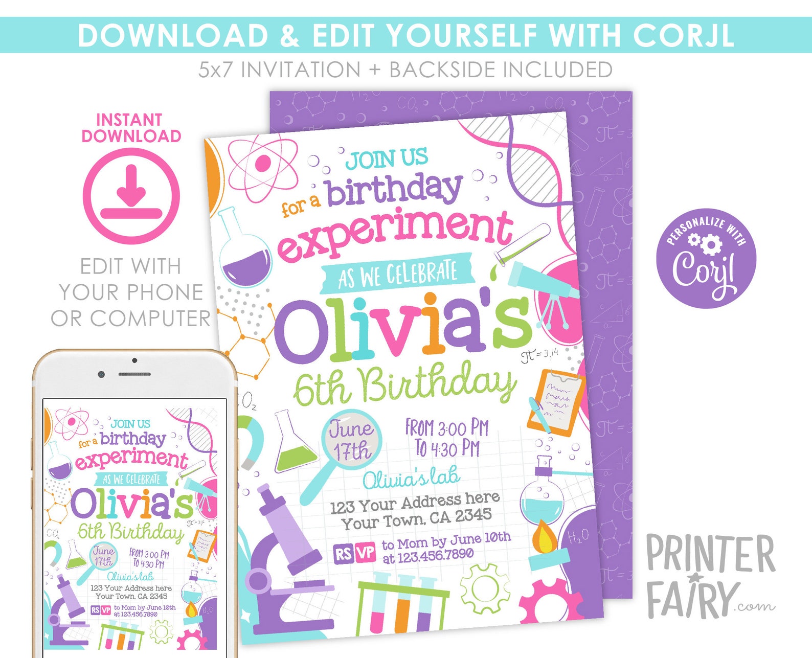 Science Birthday Party Invitation, EDITABLE, Scientifics Party, Girls ...