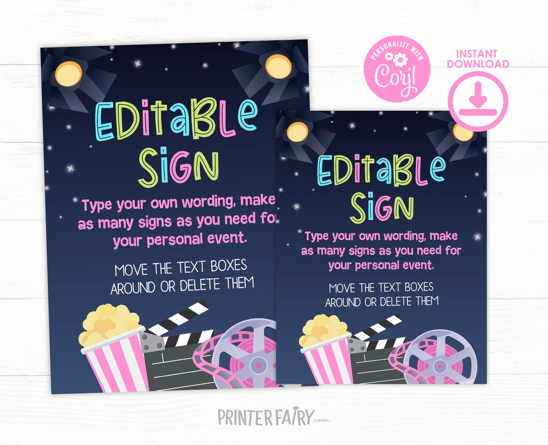 Movie Birthday Editable Sign, Movie Night Birthday Party Welcome Sign ...