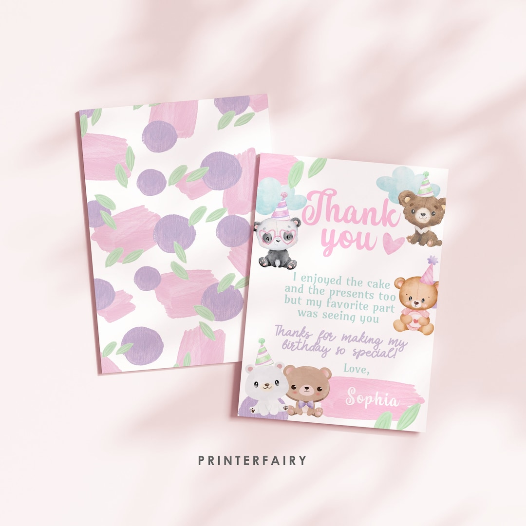 Bear Birthday Thank You Card, Printable, Bear-y Fun Birthday, Bears ...