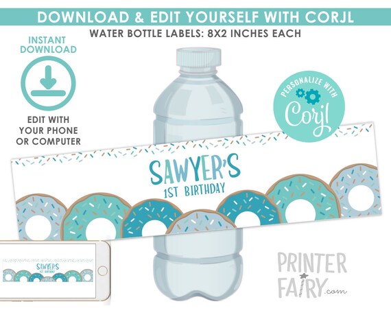 Donut Water Bottle Labels, EDITABLE, Donut Birthday Party, Sprinkles ...