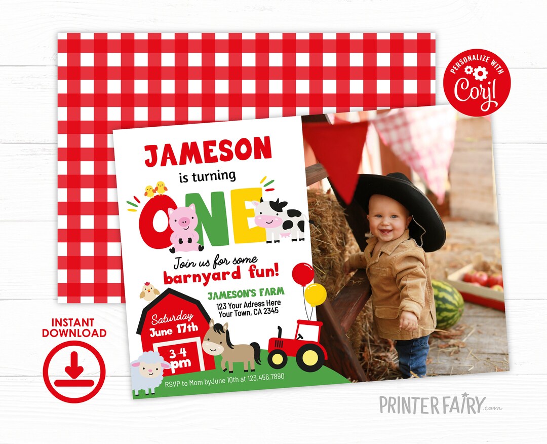 Farm First Birthday Invitation With Photo, Editable, Farm Animals Party ...