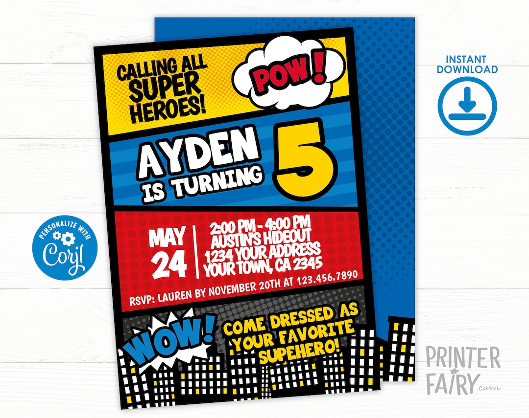 Comics Birthday Party Invitation, Editable, Little Superhero Party ...