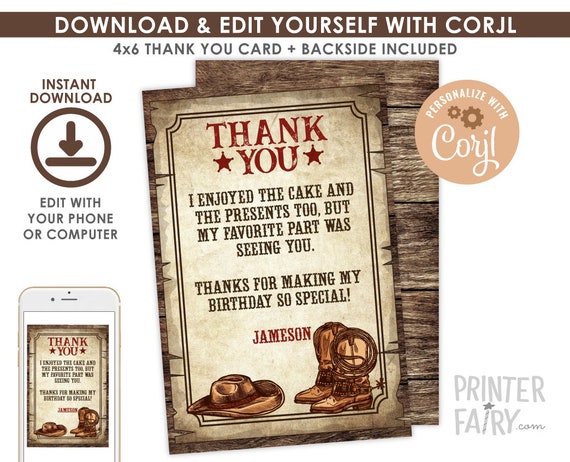 Western Thank You Cards, EDITABLE, Cowboy Birthday Party, Wild West ...