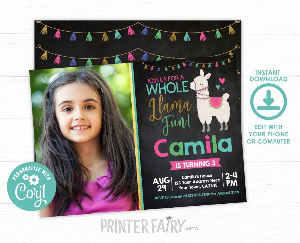 Llama Birthday Invitation with photo EDITABLE Alpaca | Etsy