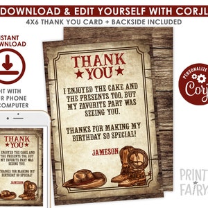 Western Thank You Cards, EDITABLE, Cowboy Birthday Party, Wild West ...