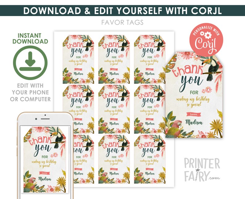 Tropical Birds Birthday Favor Tags, EDITABLE, Tropical Birthday Thank ...