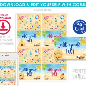 Beach Birthday Party Food Tents, Editable, Sand Castle Food Table Signs ...