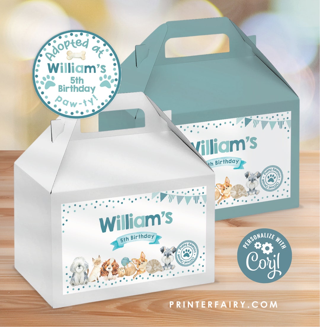 Puppies & Kitties Adoption Party Box Labels, Dog Birthday Party, Pet ...