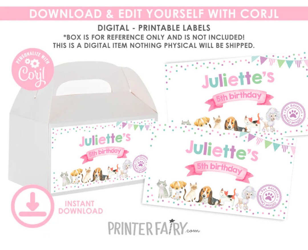 Puppies & Kitties Adoption Party Box Labels, Dog Birthday, Kitty ...