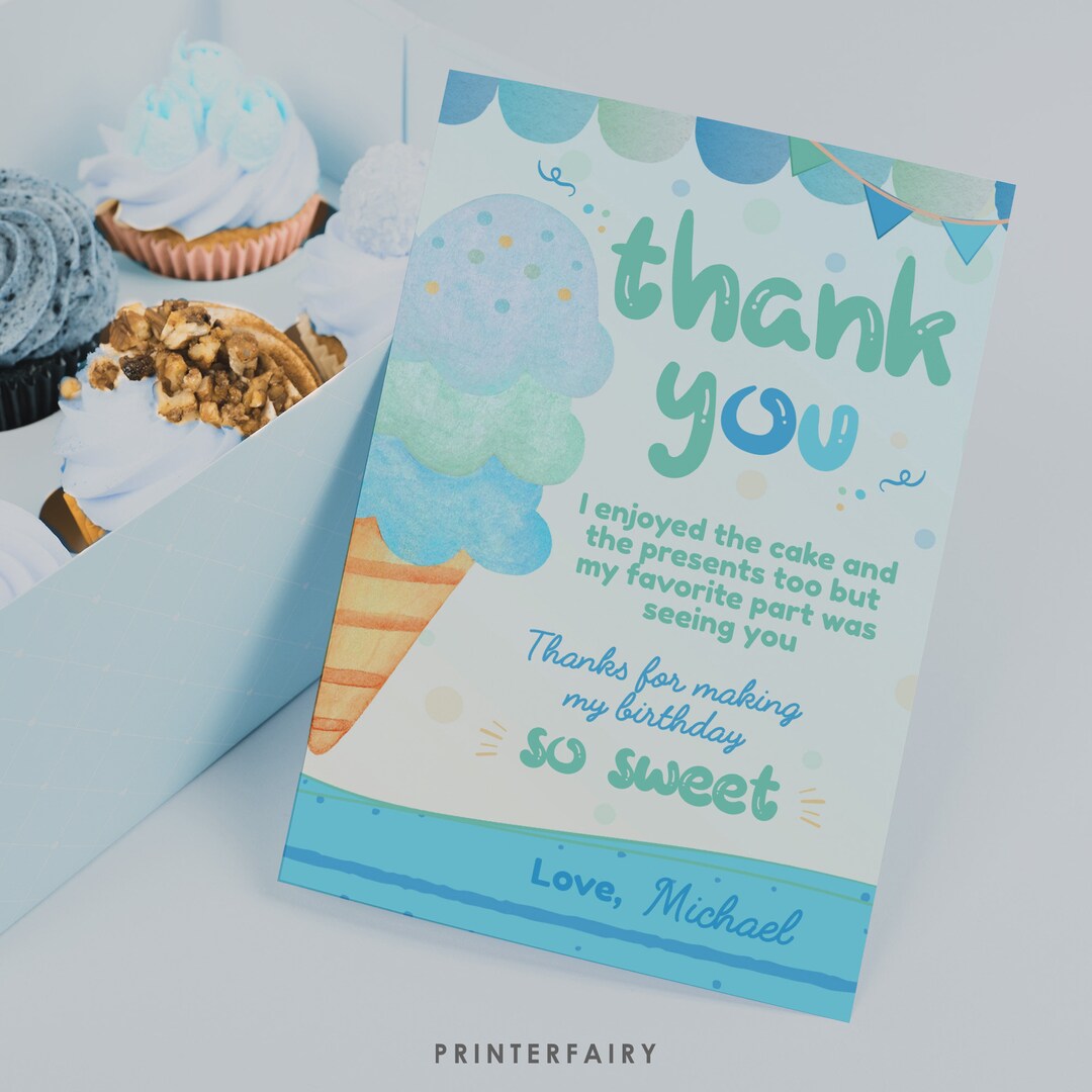 Ice Cream Birthday Thank You Card, EDITABLE, Ice Cream Party, Summer ...