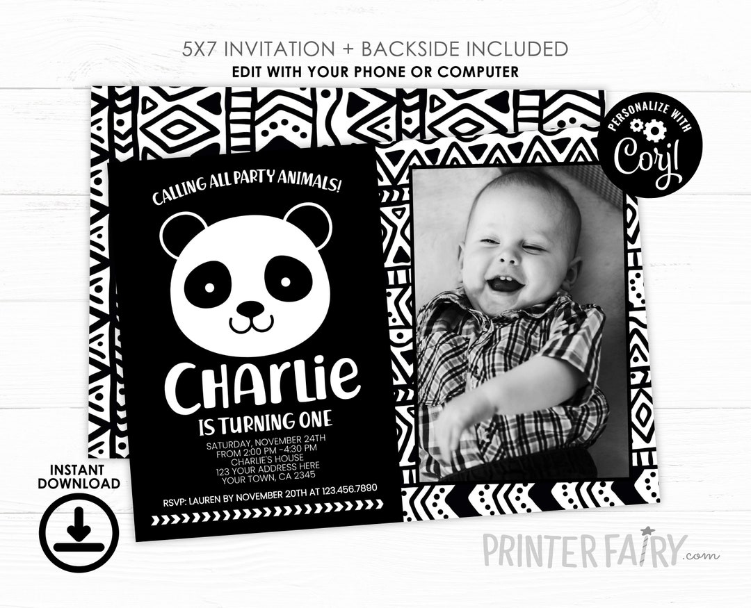 EDITABLE Panda Birthday Invitation With Photo Black And White Etsy