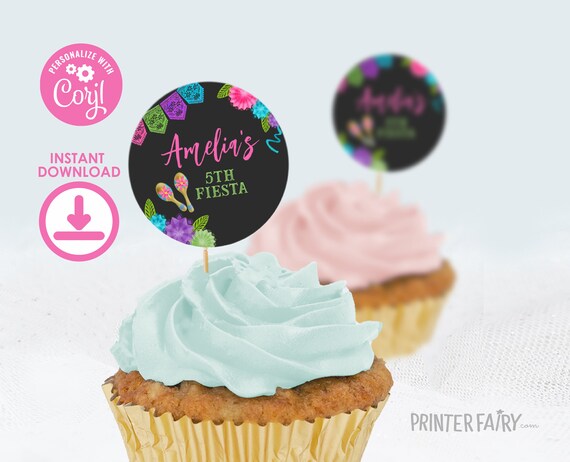 Fiesta Birthday Party Toppers, Editable Mexican Fiesta Round Stickers ...
