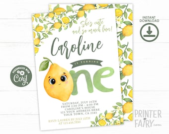 Editable Lemon First Birthday Invitation Template Sunshine - Etsy
