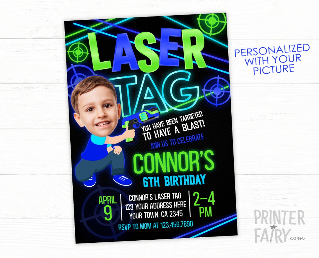 Laser Tag Birthday Invitation With Photo, Place Your Face, Neon ...