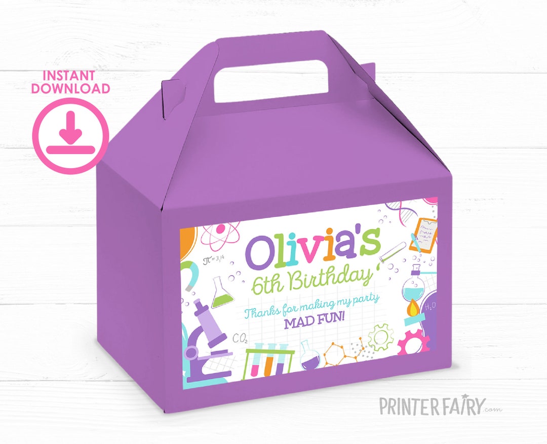 Science Birthday Party Gable Box Label Editable Science Etsy