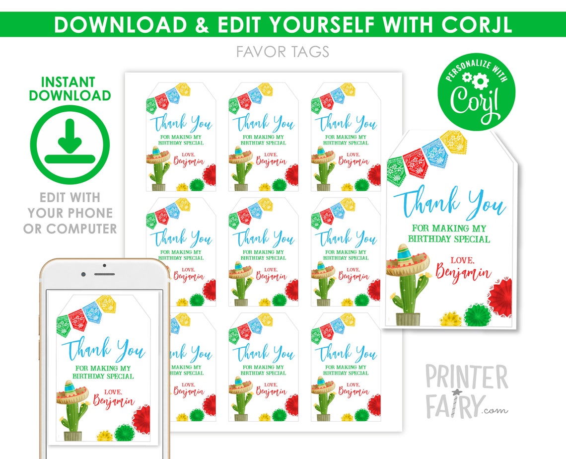 Fiesta Birthday Party Favor Tags, Editable Mexican Fiesta Thank You ...