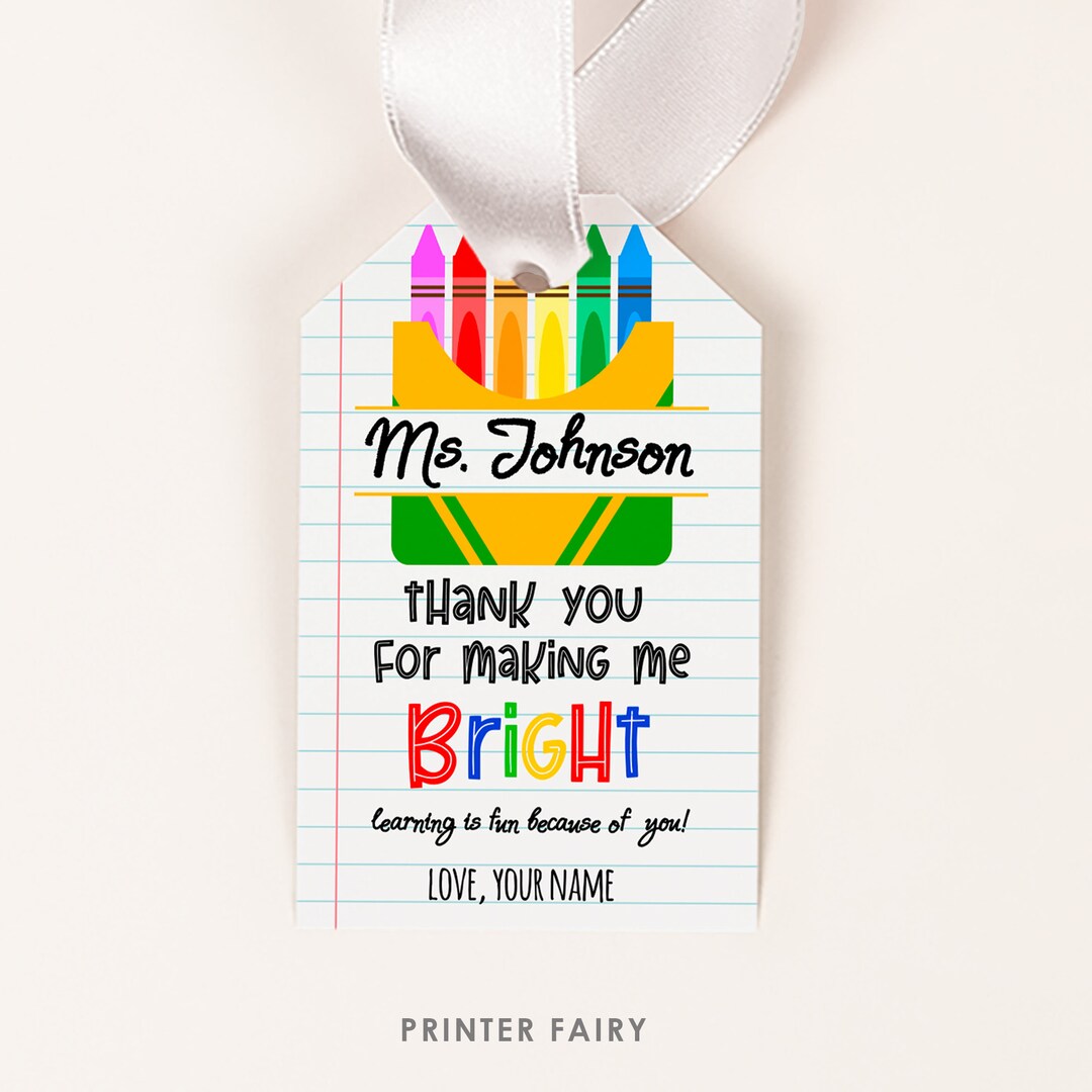Crayon Teacher Appreciation Tag Editable School Supplies Gift Tag ...