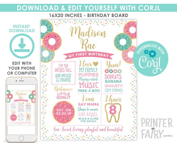 Donut Birthday Board, EDITABLE, Donut Birthday Decorations, EDIT ...