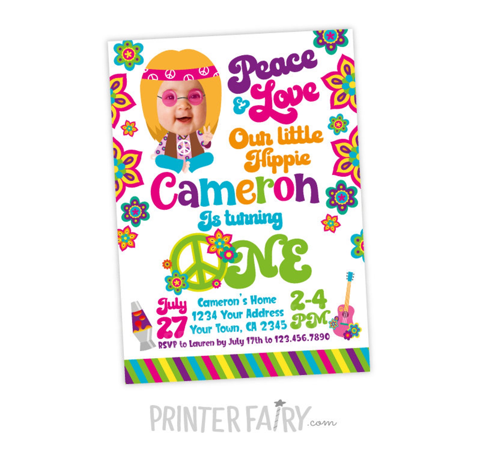 Hippie Birthday Invitation With Photo, 60s Birthday Party, Colorful ...