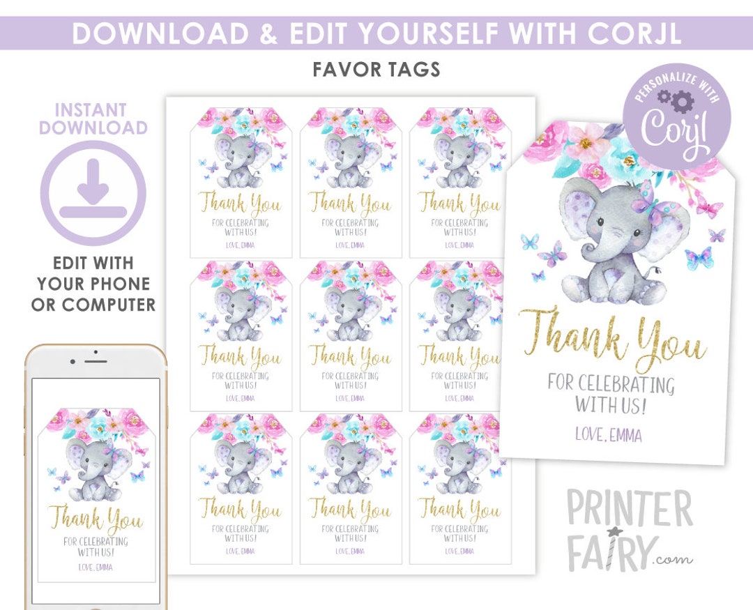 Elephant Favor Tags, EDITABLE, Elephant Baby Shower, Elephant Birthday ...