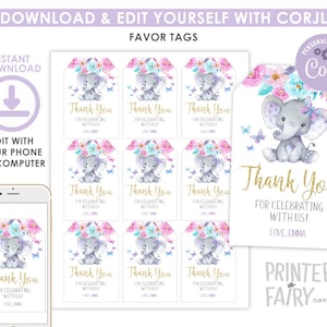 Elephant Favor Tags, EDITABLE, Elephant Baby Shower, Elephant Birthday ...