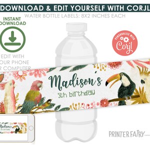 Tropical Birds Birthday Water Bottle Label, EDITABLE, Tropical Birthday ...
