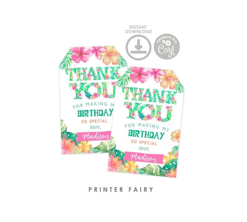 Luau Birthday Party Thank You Tags, Hawaiian Favor Tag, Tropical ...