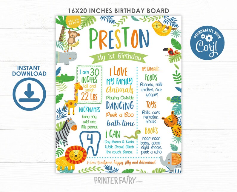 Jungle 1st Birthday Milestones Board, Safari Party Decor (INSTANT ...