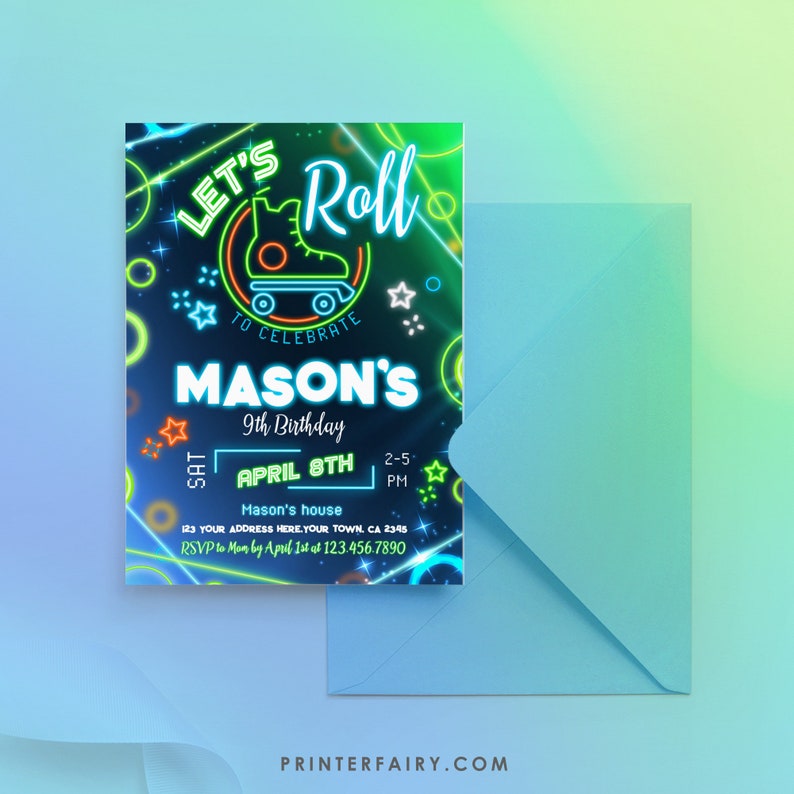 Neon Roller Skate Birthday Invitation: Editable Retro Party (digital ...